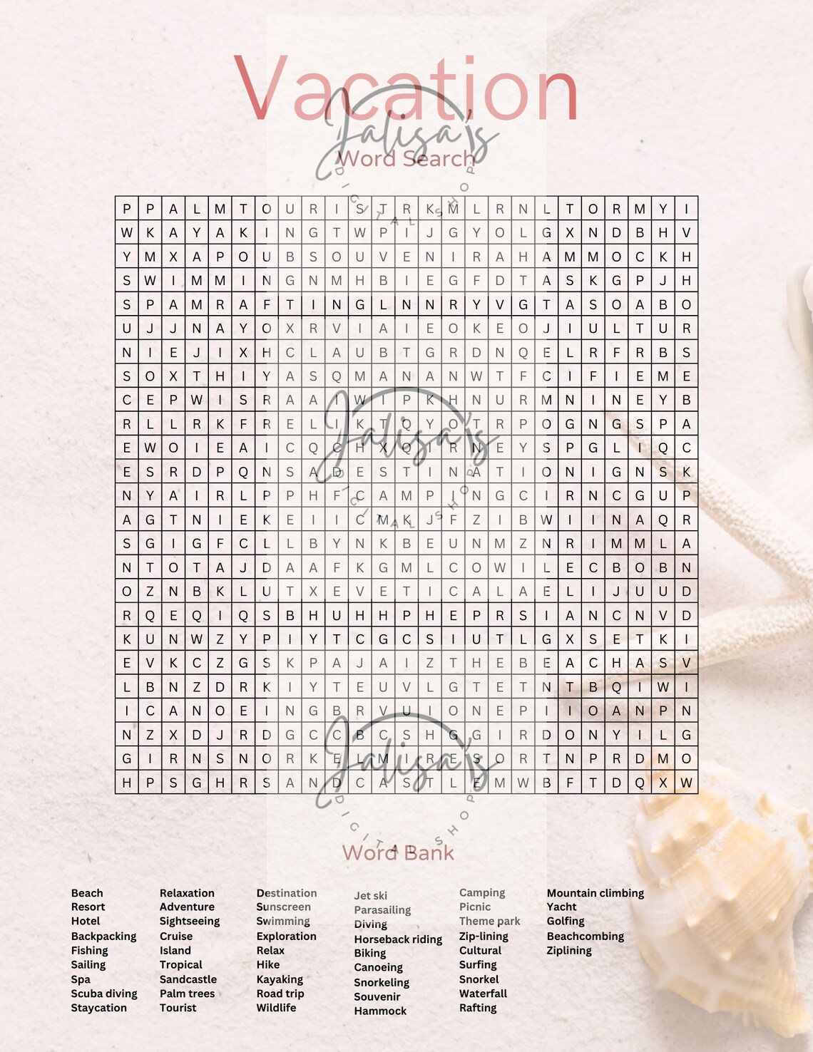 Vacation Theme Digital Word Search | Word Search for Adults | Word ...