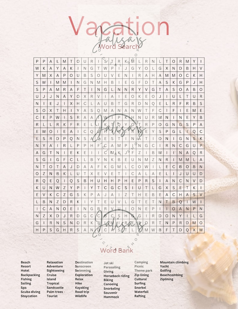 Vacation Theme Digital Word Search | Word Search for Adults | Word ...