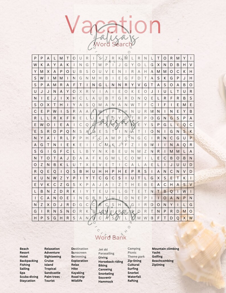 Vacation Theme Digital Word Search Word Search For Adults Word