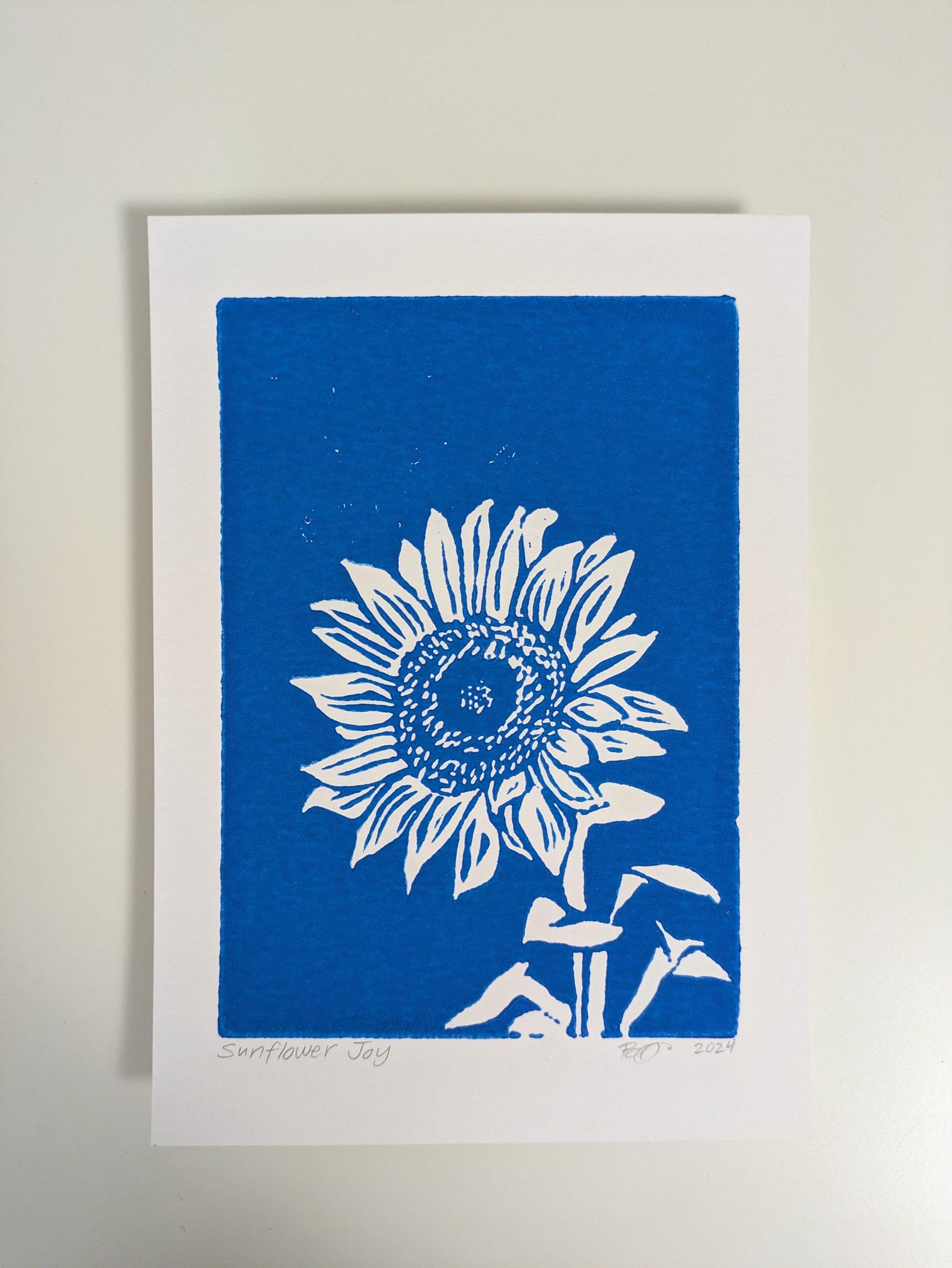 Linocut Print "sunflower Joy" - Blue Original Print Signed Floral ...