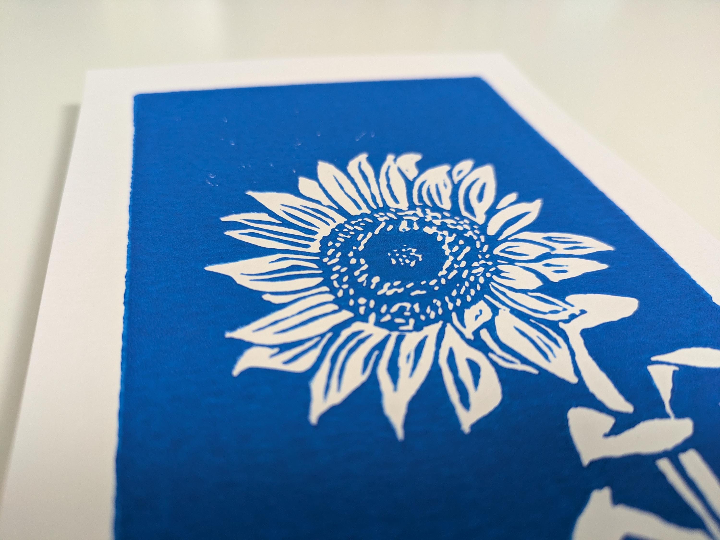 Linocut Print "sunflower Joy" - Blue Original Print Signed Floral ...