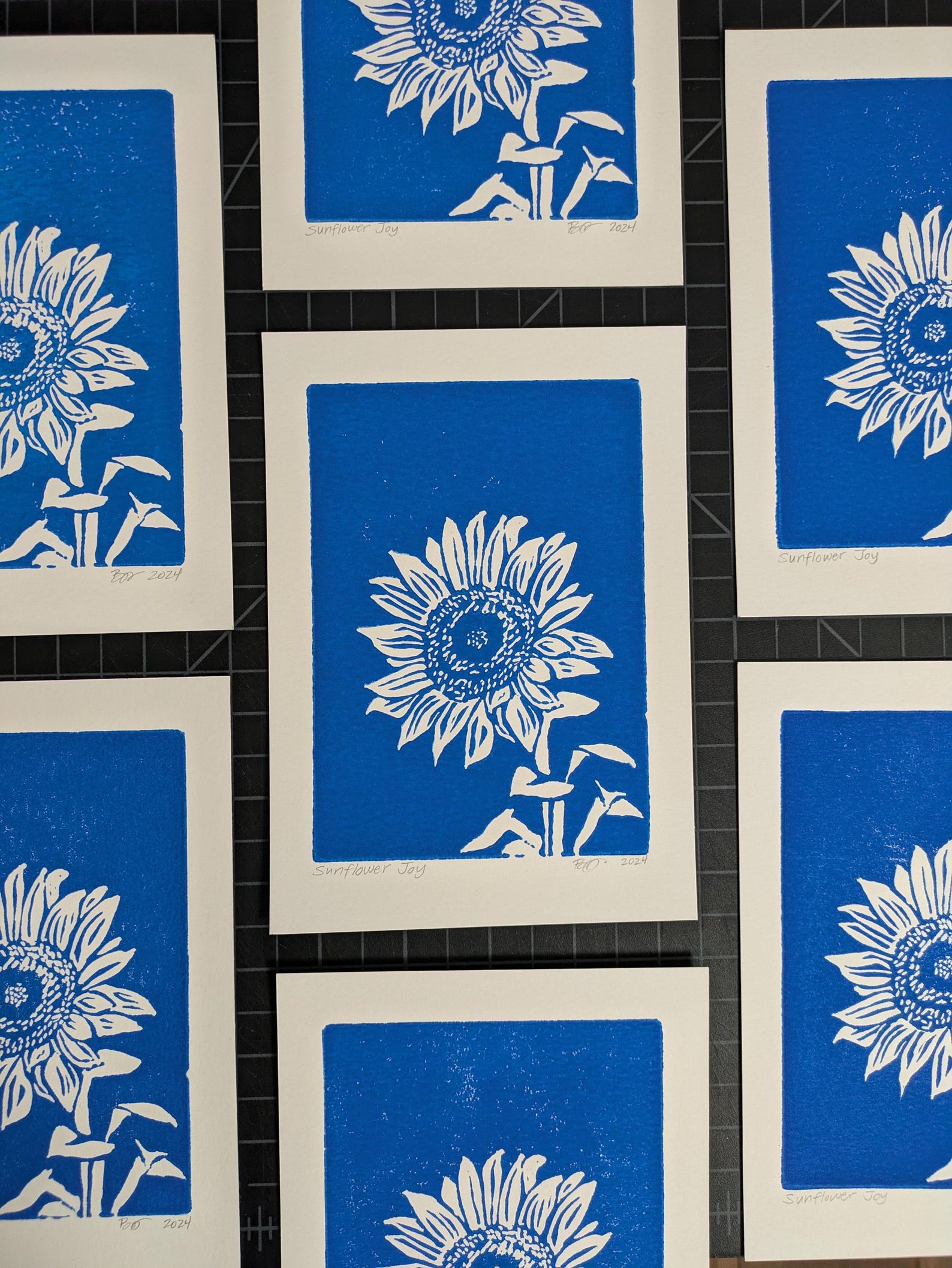 Linocut Print "sunflower Joy" - Blue Original Print Signed Floral ...