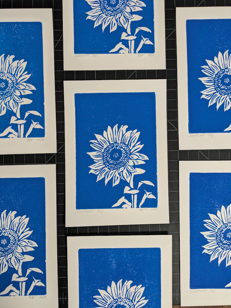 Linocut Print "sunflower Joy" - Blue Original Print Signed Floral ...