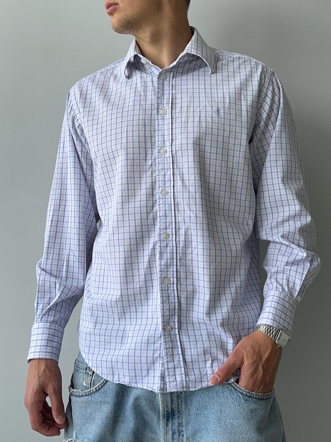 Vintage 90s Yves Saint Laurent YSL Logo Checked Flannel Button up Shirt ...