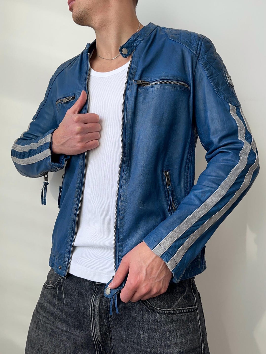 Vintage Y2K Freaky Nation Dirty Mud Wash Blue Leather Biker Racing ...