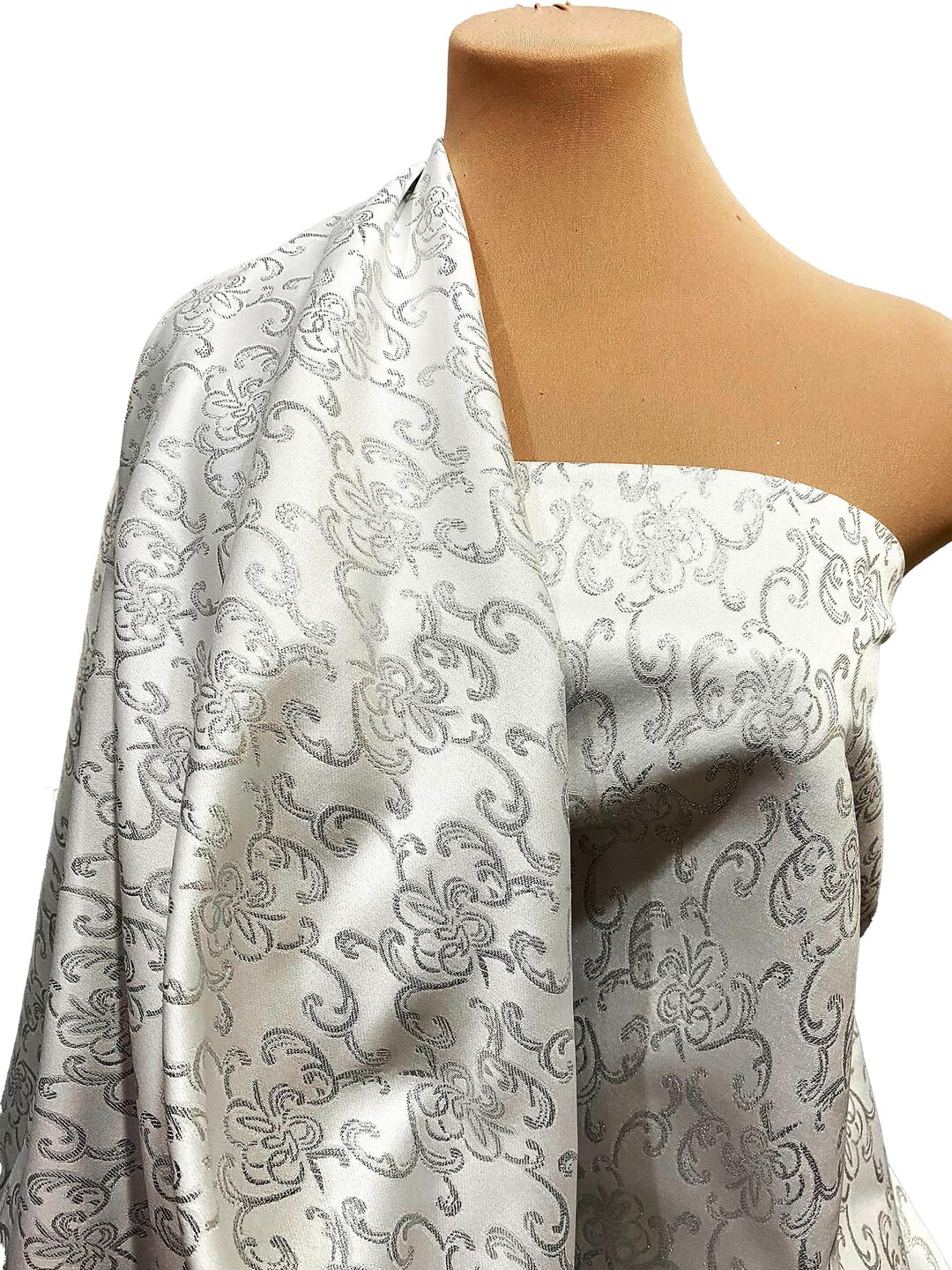 Satin Brocade Fabric Silver/white 1 Yard , Formal.. Home Decor ...
