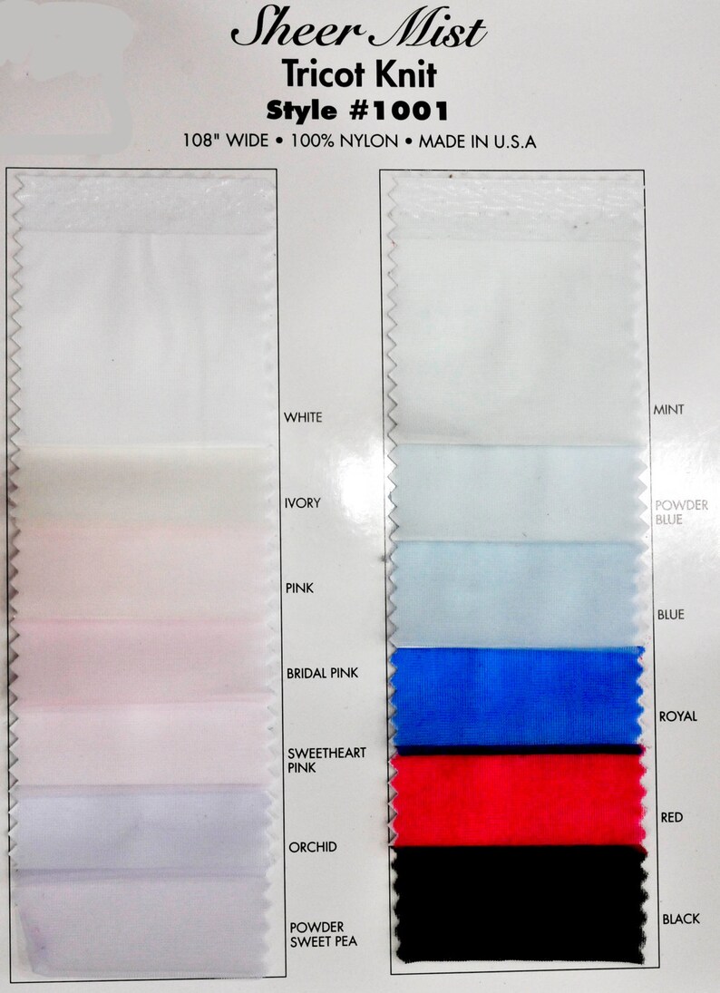 Color Card for Tricot Nylon Knit.. 108 " Wide..sheer, Lightweight, Soft ...