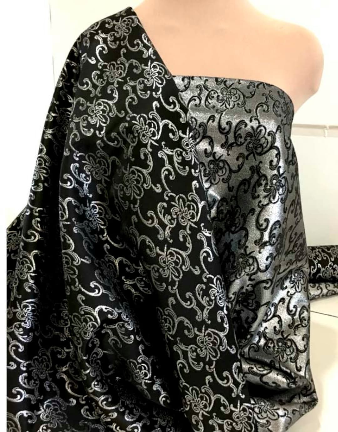 Satin Brocade Fabric Silver/black 1 Yard , Formal.. Home Decor ...