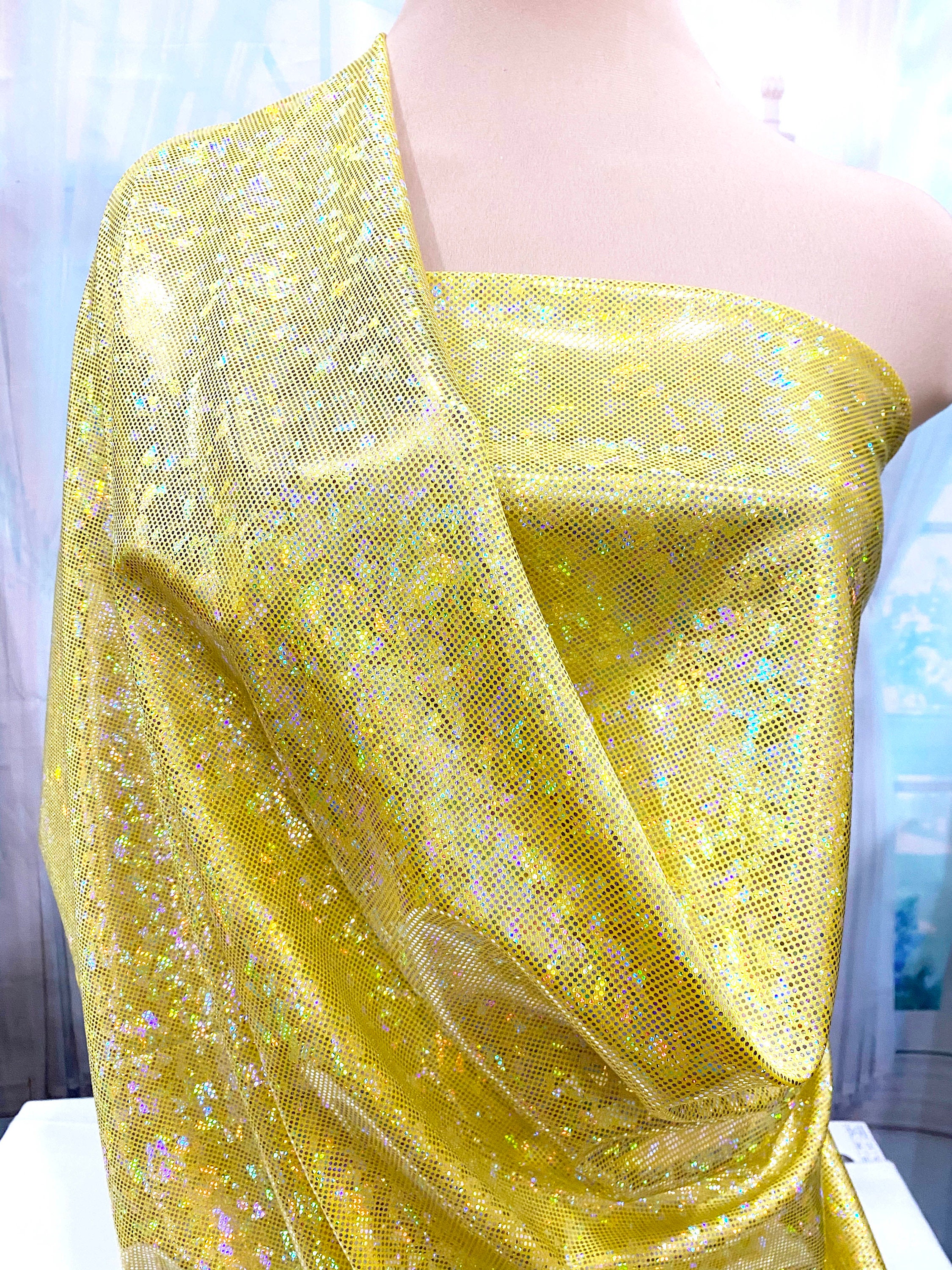 Shattered Glass Hologram Spandex Yellow Fabric ...dance...cheer Bows ...