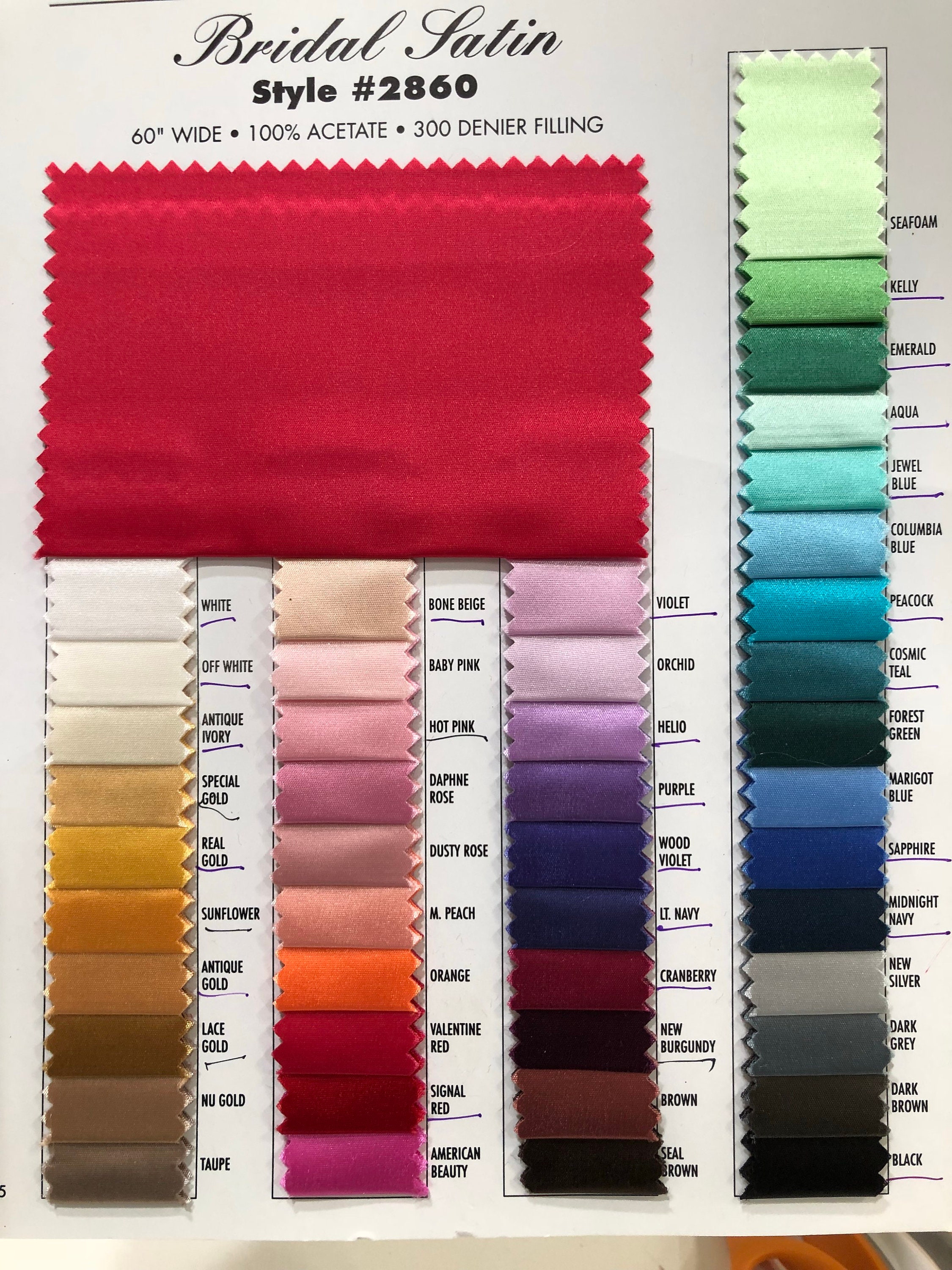 Bridal Satin Fabric Color Chart 1 Yard Choice Color From Etsy