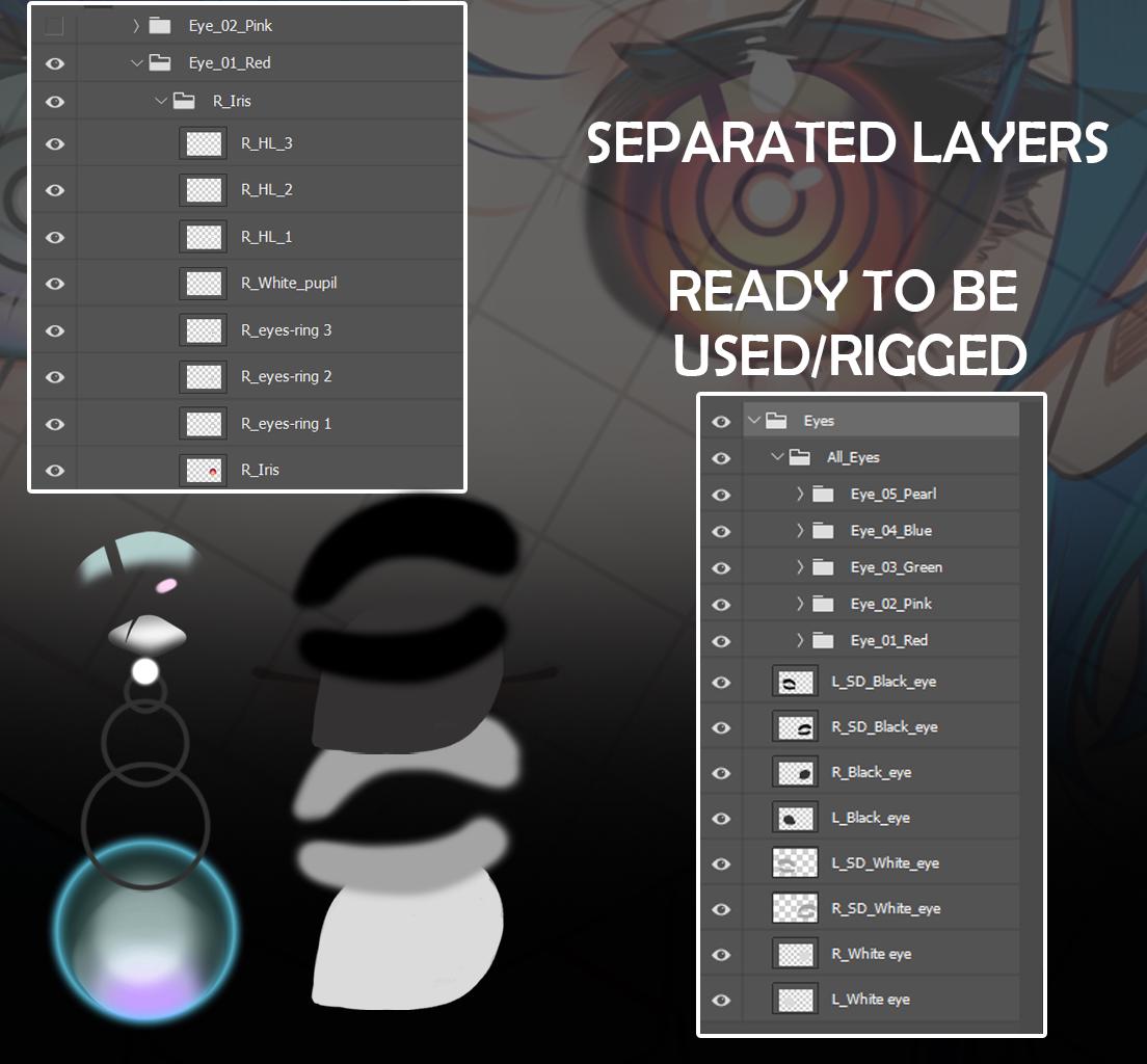 Vtuber | Vroid Pack of 5 Iris Textures in PSD Version 2 | Colorful Eyes ...