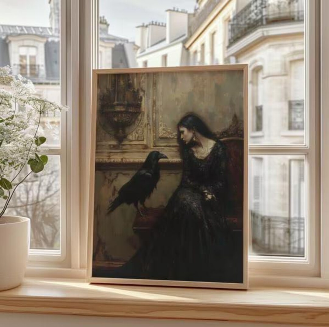 Dark Gothic Woman and Raven Art Print, Witchy Wall Poster, Elegant ...