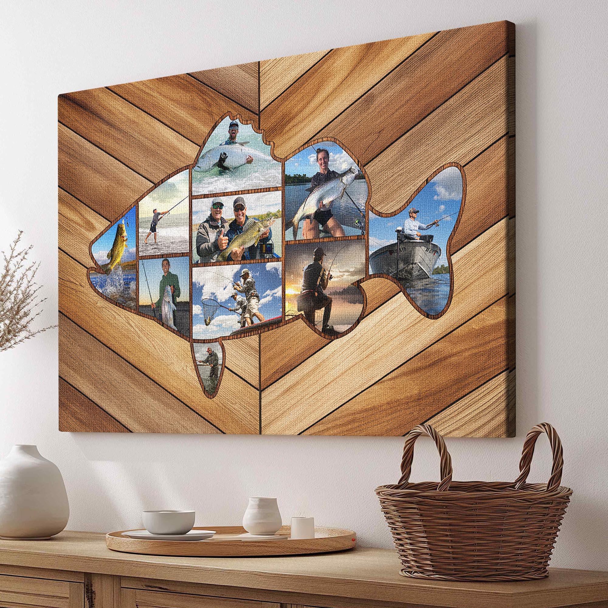 Custom Fishing Photo Collage Canvas, Fish Shape Personalized Wall Art ...