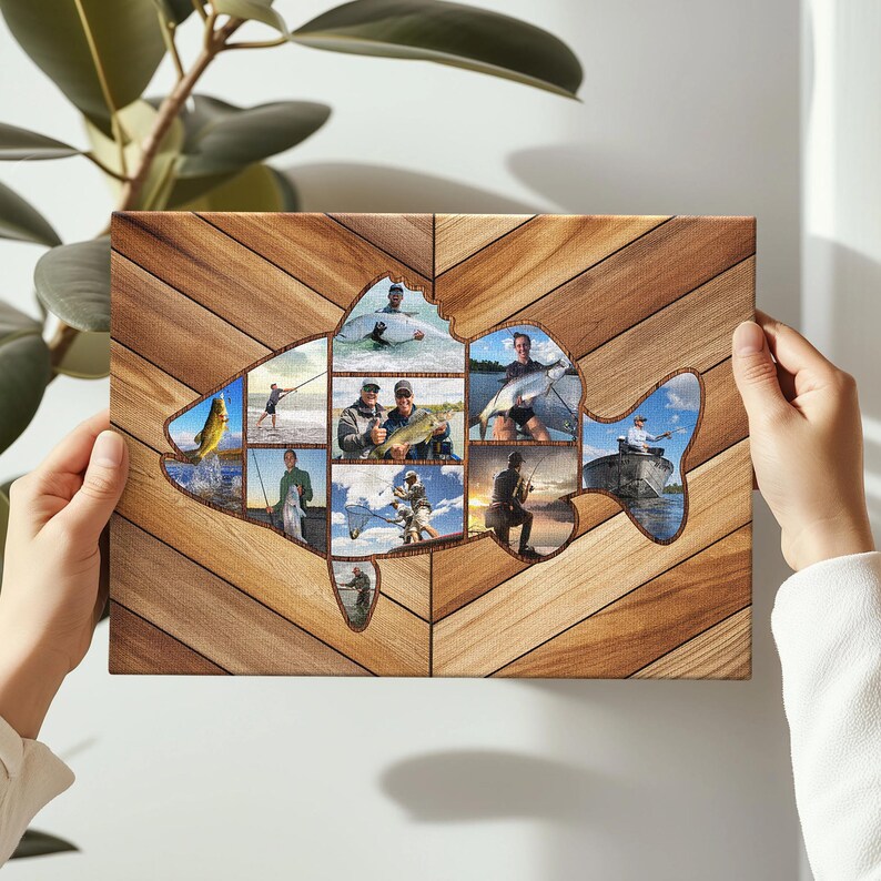 Custom Fishing Photo Collage Canvas, Fish Shape Personalized Wall Art ...