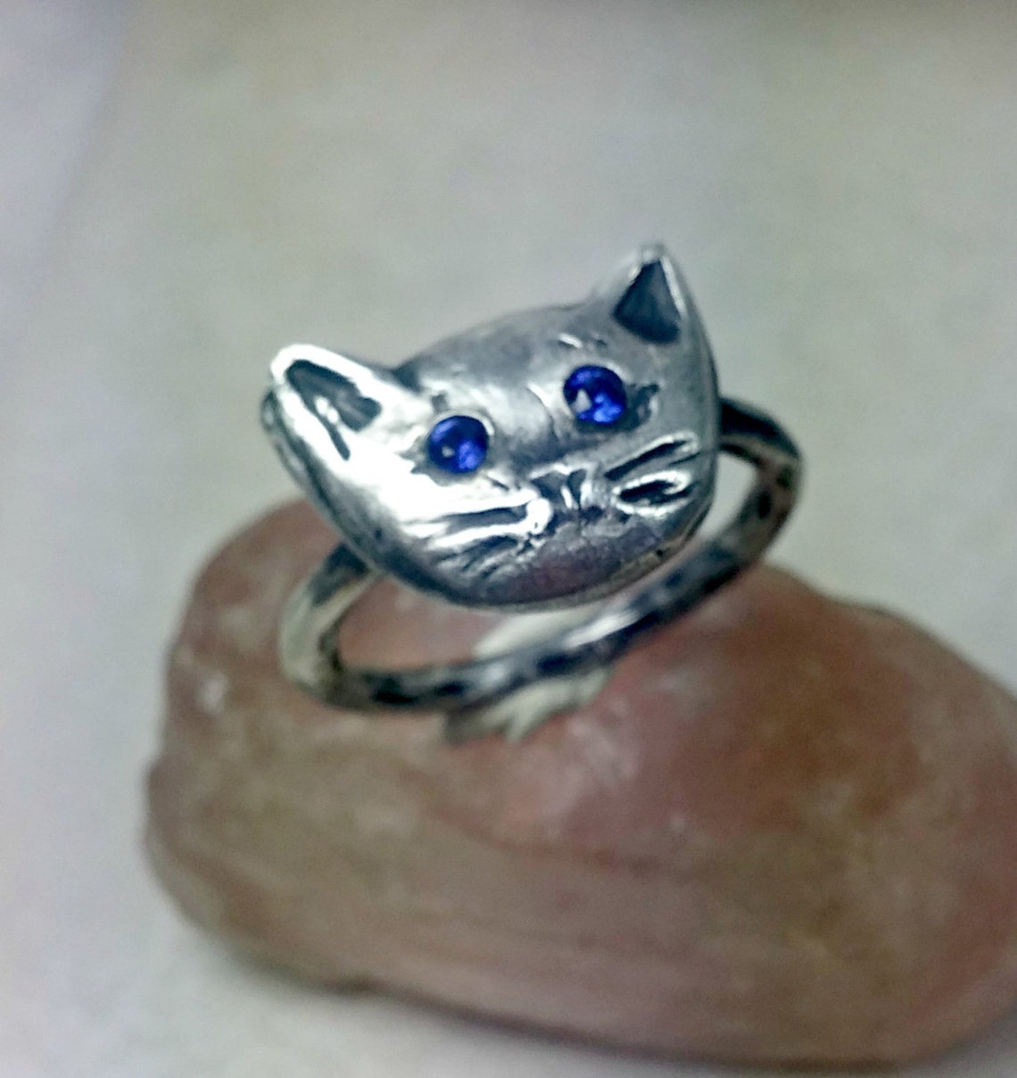 Cat Ring Silver and Sapphire Kitty Ringrustic Gemstone Kitty | Etsy