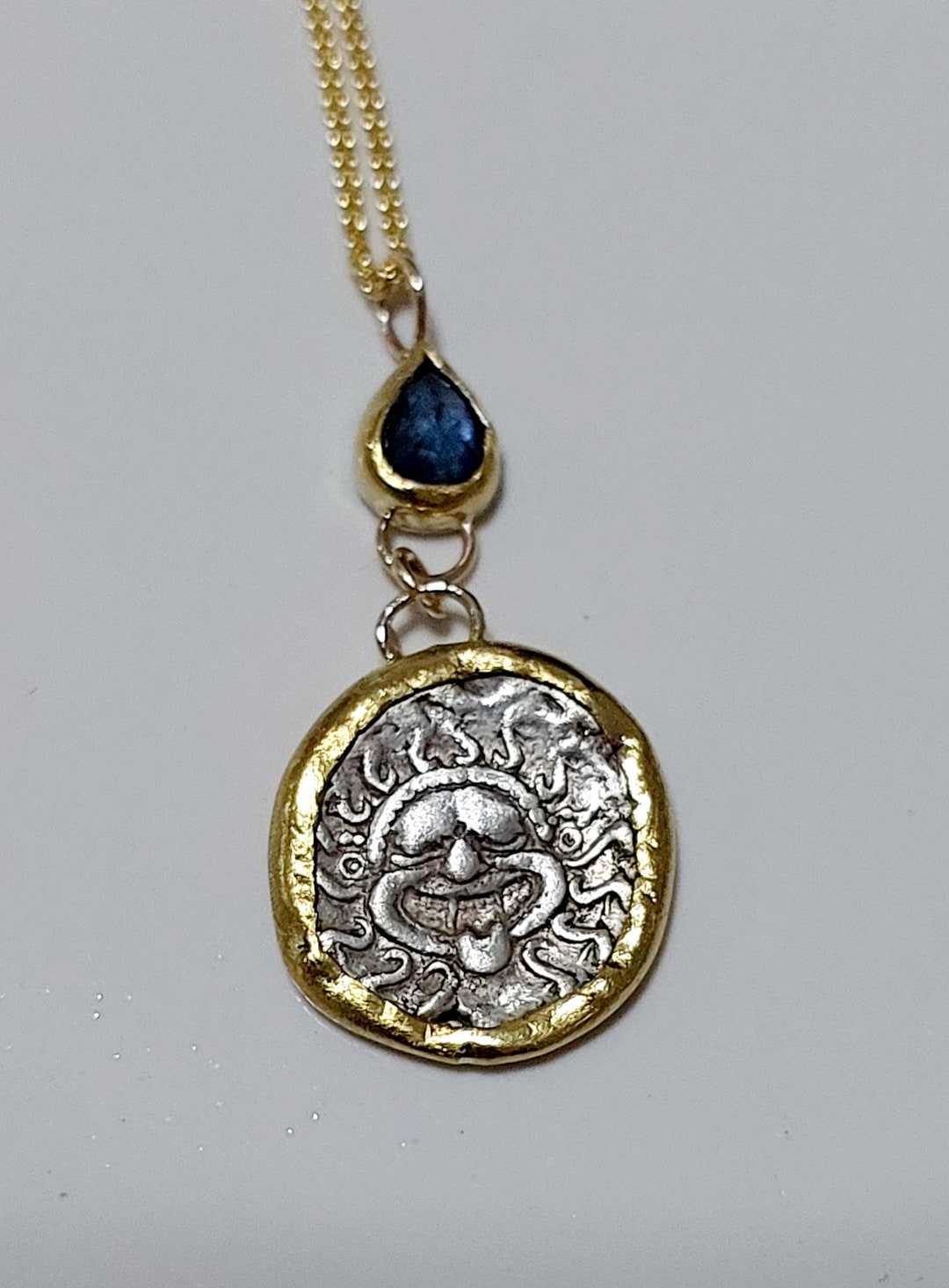 Ancient Greek Coin Pendant, Solid 22kt Gold and Blue Sapphire Gorgon ...