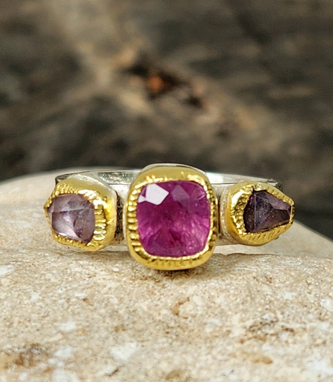 Pink Sapphire and Spinel Multistone Ring, Sapphire and Spinel Triple Stone Ring, 22 Kt Gold ...
