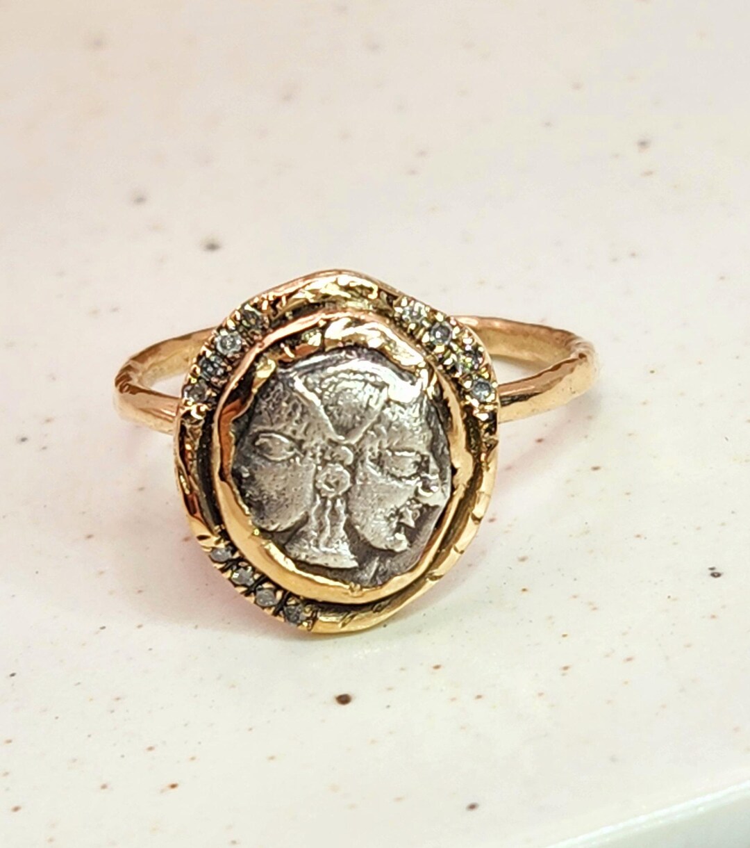 Ancient Greek Coin Ring, 14 Kt Solid Gold and Diamond Janus Coin ...