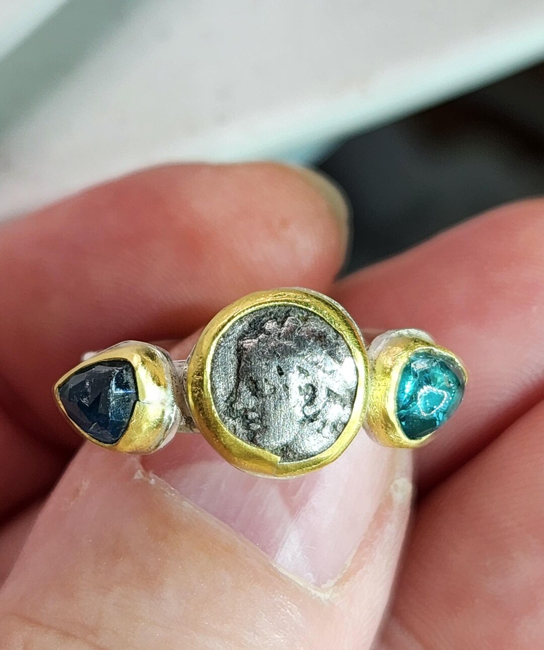 Ancient Greek Coin Ring, Silver, 22 Kt Gold and Ancient Coin Ring, Blue ...