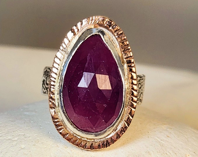 Sapphire Solitaire Ring, Rose Cut Raspberry Sapphire and 14 Kt Rose ...