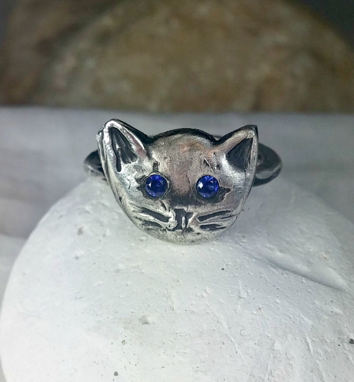 Cat Ring silver and sapphire Kitty Ringrustic gemstone kitty | Etsy
