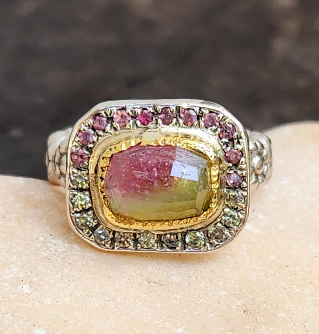 Watermelon Tourmaline Multi Stone Ring, Pink and Green Gemstone Halo ...