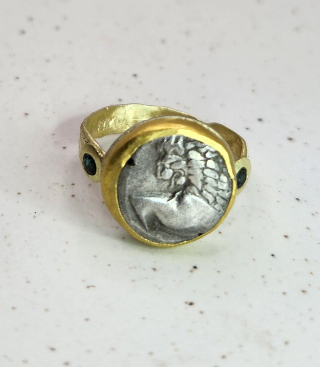 Ancient Greek Coin Ring, 18 Kt Solid Gold and Sapphire Statement Ring ...