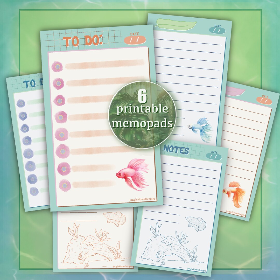 Printable Notepad, Betta Fish Memo Pad Stationary, 6 Printable Note ...