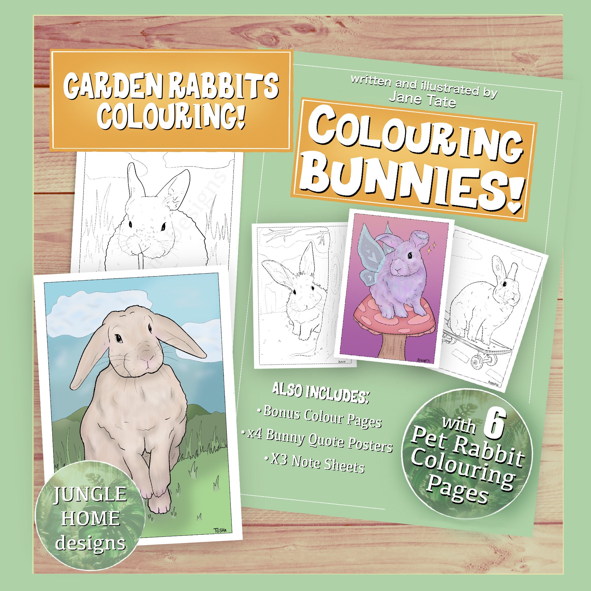 Colouring Garden Bunnies: 6 Printable Colouring Pages, Hand Illustrated ...