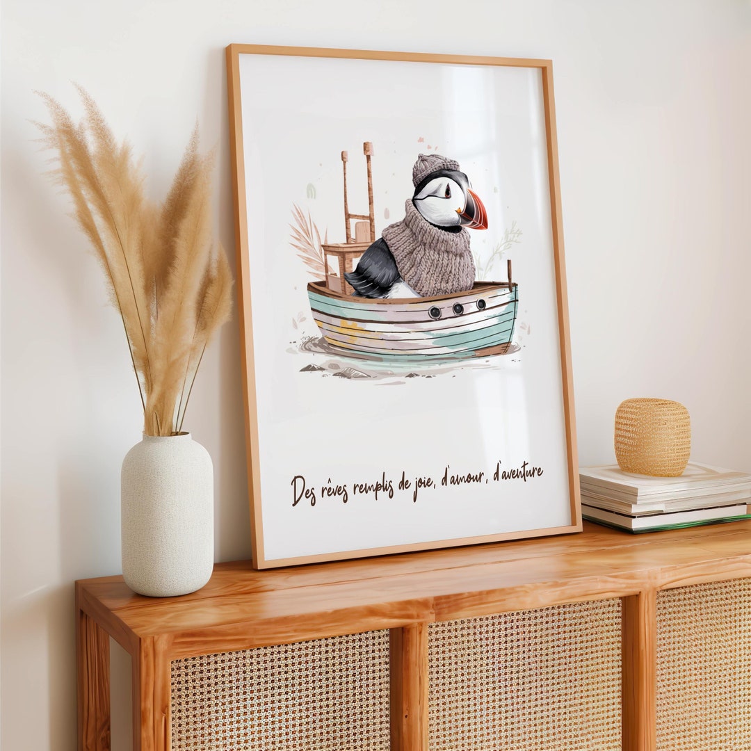 Affiche vintage enfant, macareux dans sa barque. Poster pour chambre ...