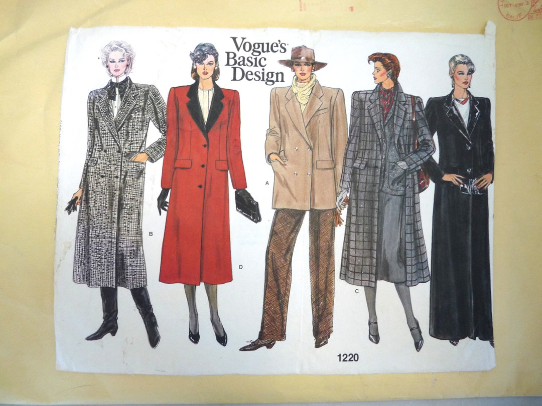 Vogue Basic Design 1220 Women's Coat Jacket Sewing Pattern Size 12 Bust ...