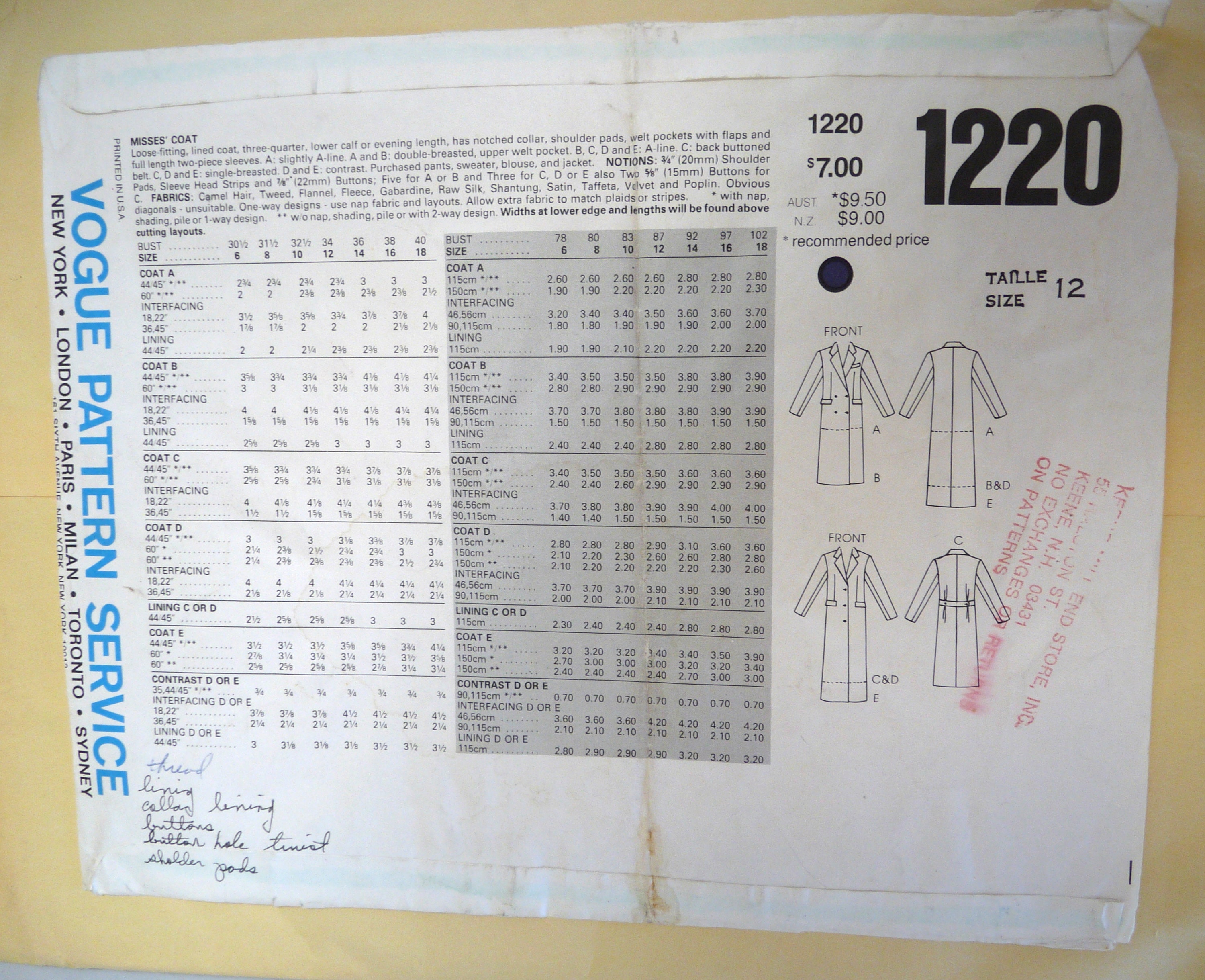 Vogue Basic Design 1220 Women's Coat Jacket Sewing Pattern Size 12 Bust ...