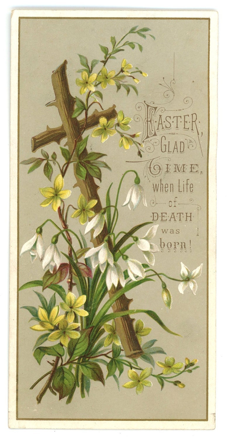 Easter Card Vintage Victorian Cross Flowers Gold 1881 Greeting Antique ...