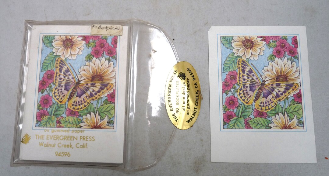 Vintage Evergreen Press 40 Bookplates Butterfly Floral Walnut Creek CA ...