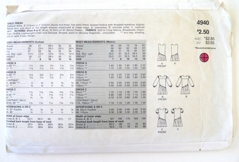 Butterick 4940 Vintage Sewing Pattern Dress Girls 12 14 Bust 30 32 ...