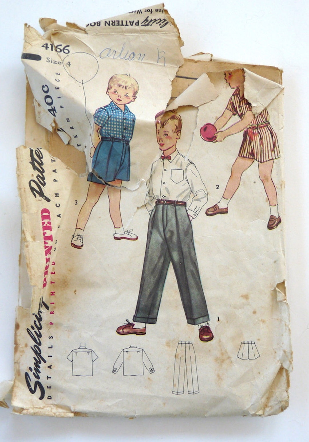 Simplicity 4166 Vintage Sewing Pattern Boys Size 4 Playsuit Shirt Pants ...