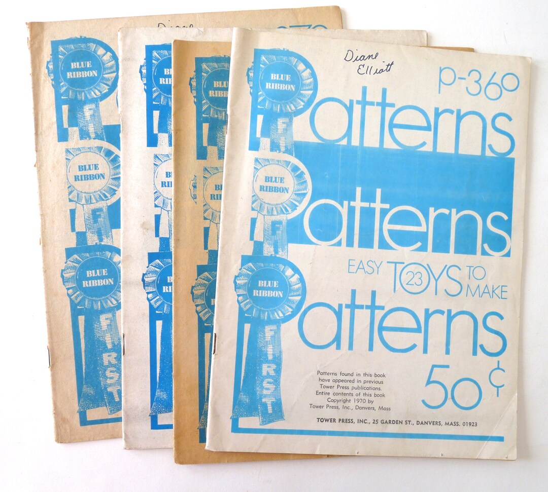 4 Blue Ribbon Patterns Vintage Books Easy Toys Pillow Embroidery 1970 ...