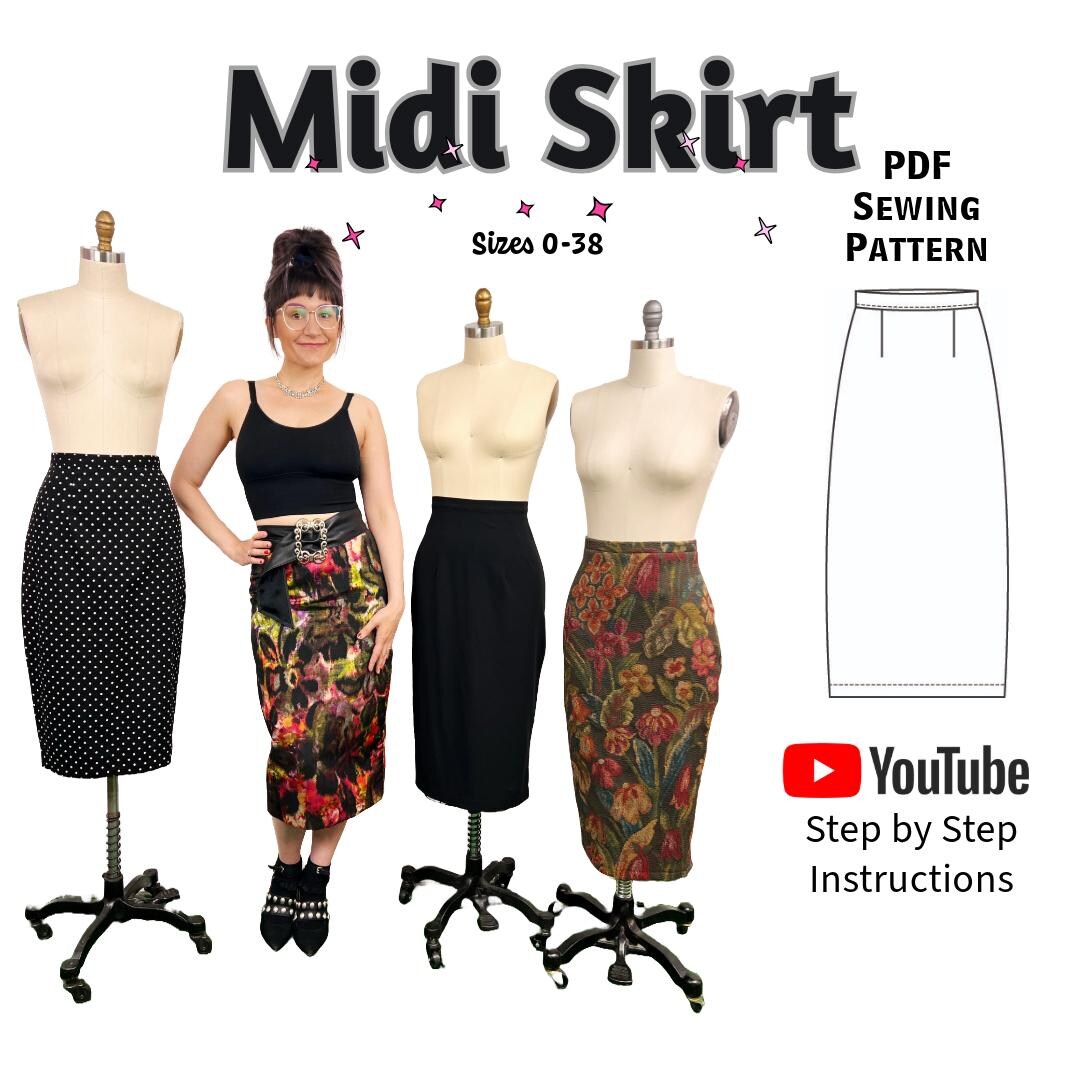 Midi Pencil Skirt Sewing Pattern PDF Download Sizes 0-38 Size Inclusive ...