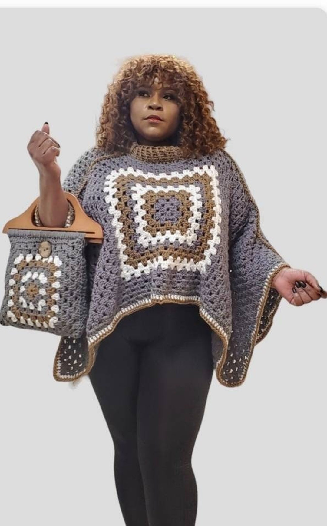 Grey, Brown and Cream Poncho/ Crochet Poncho/ Crochet Granny Square ...