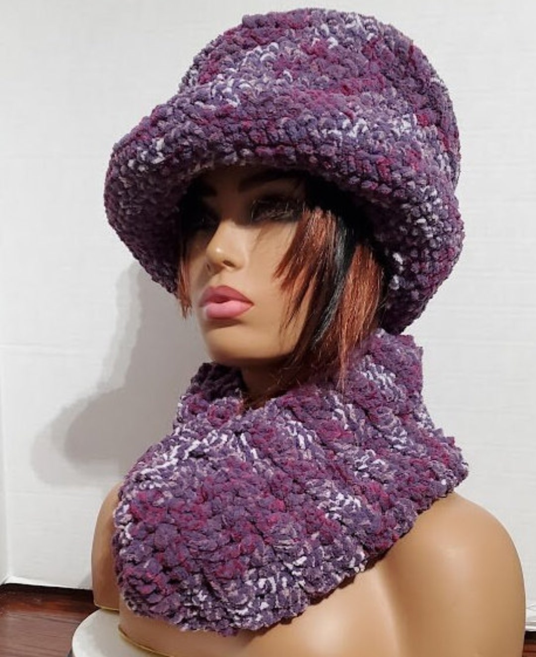 Purple Blend Chenille Hat Set Hat and Neckwarmer Crochet - Etsy