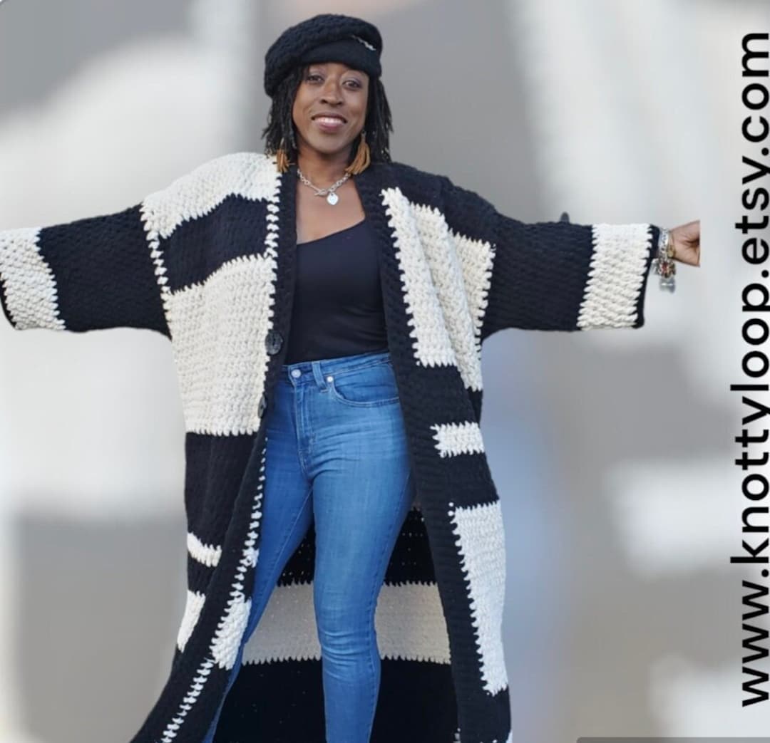 Oversized Crochet Coat. Crochet Sweater. Black and Cream Crochet ...