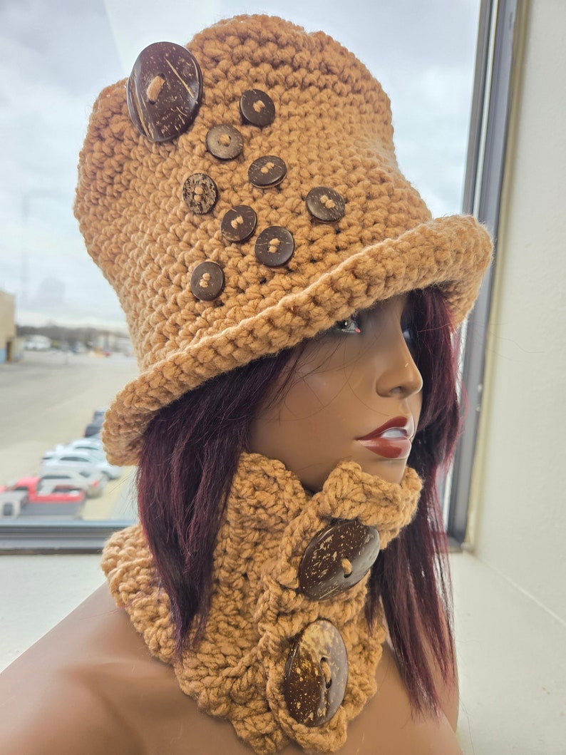 Crocheted Top Hat With Scarf: Button Accent - Taupe - Etsy
