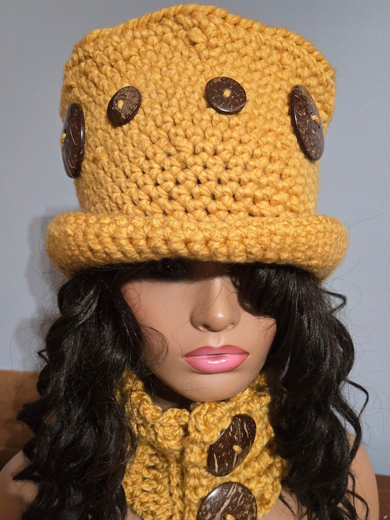 Crocheted Top Hat With Scarf: Button Accent - Buttercup Gold - Etsy