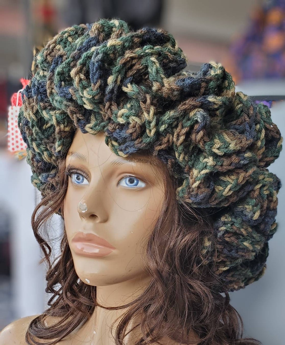 Ruffled Crochet Hat - Crochet Hat - Ruffled Hat - Camo Green Crochet ...