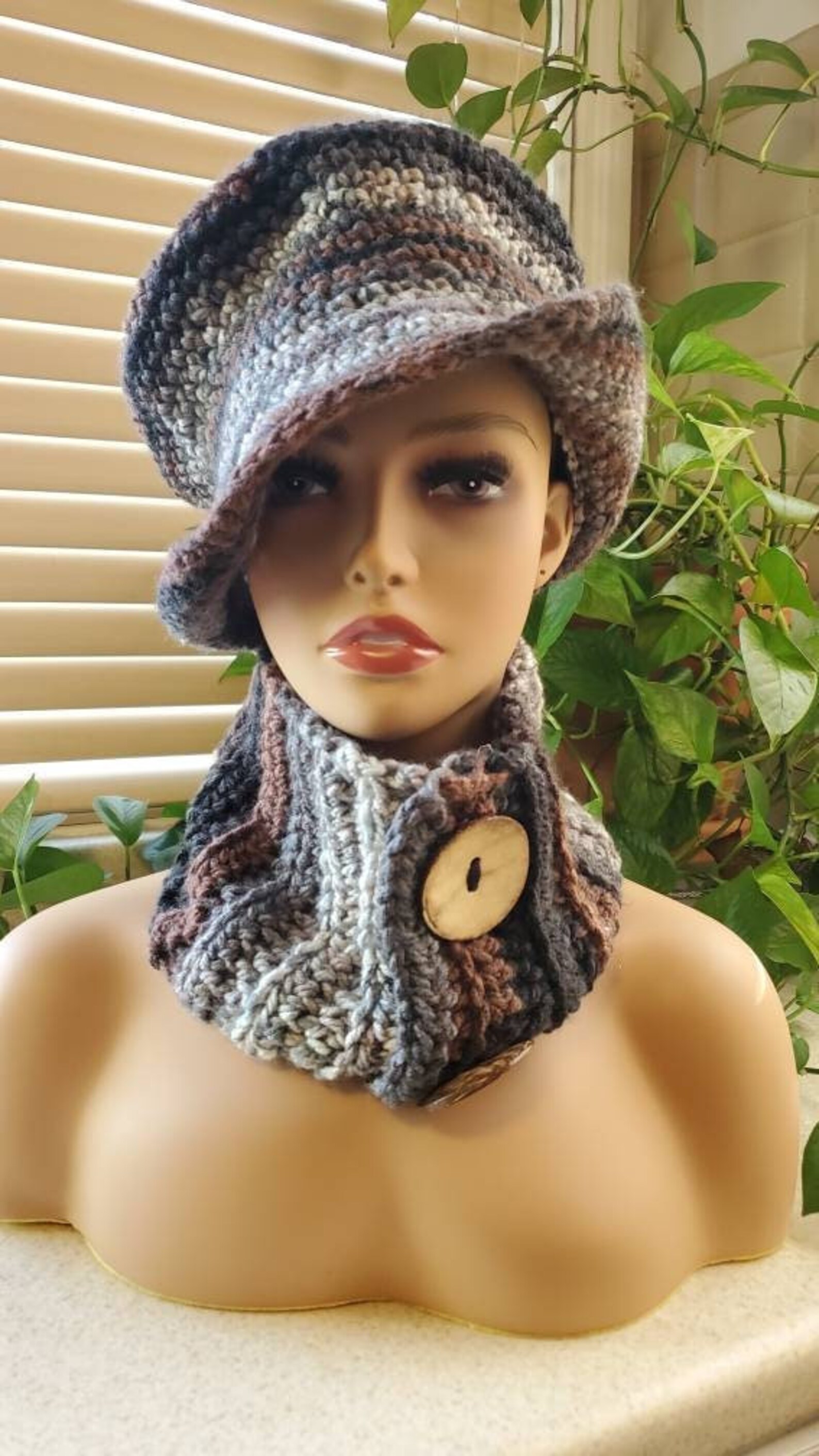Handmade Crochet Cap and Scarf Set - Brown Grey Blend - Etsy