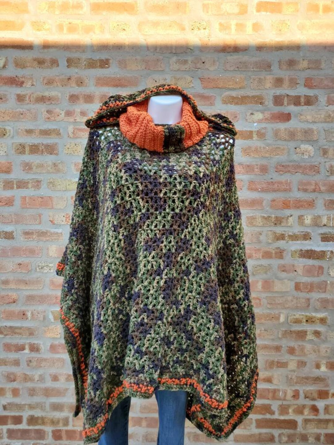 Camouflaged Poncho With Orange Trim / Crochet Poncho / Crochet Poncho ...
