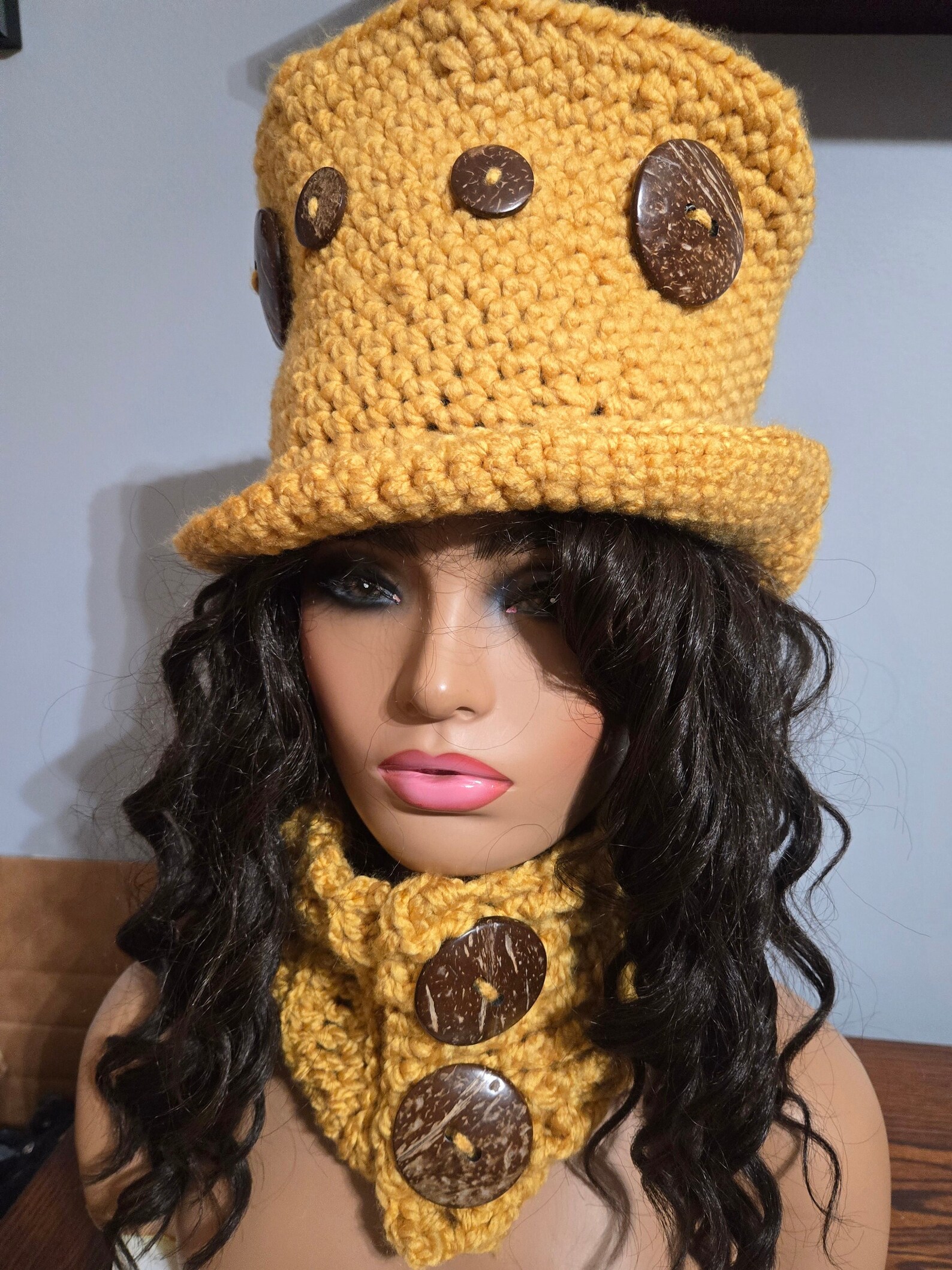 Crocheted Top Hat With Scarf: Button Accent - Buttercup Gold - Etsy