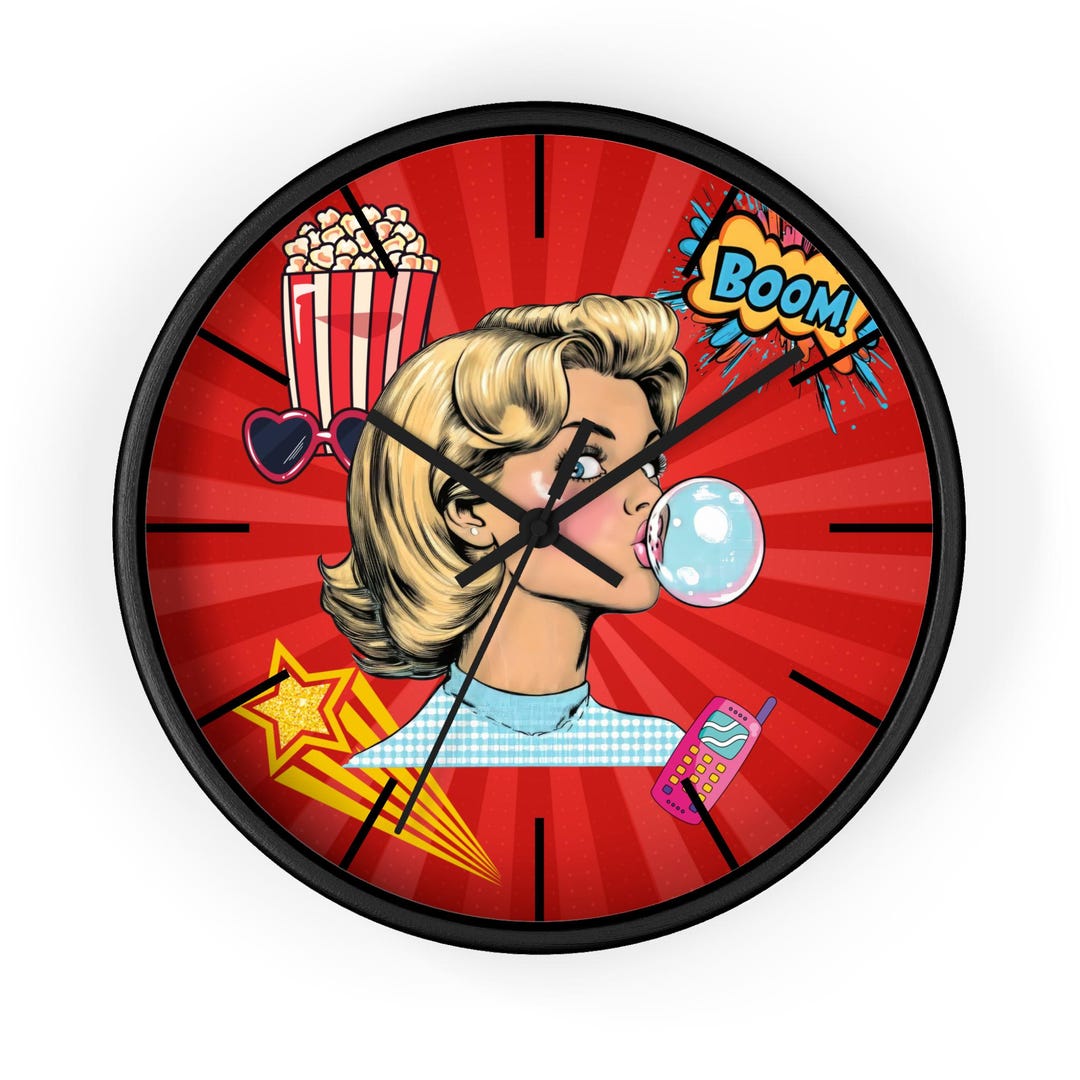Pop Art Woman Gum Boom Wall Clock, Retro Clock, Colorful Clock, Unique ...