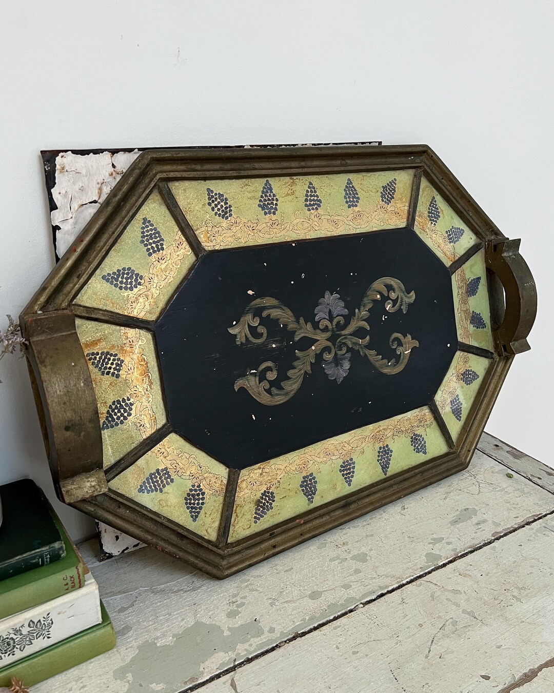 Vintage Wooden Serving Tray With Decorative Glass - Etsy