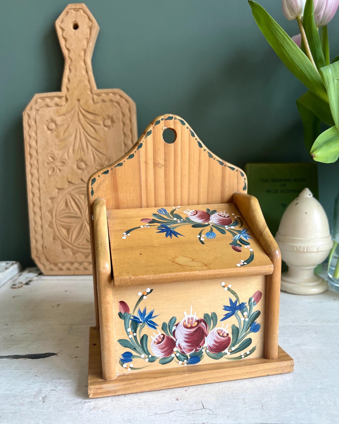 Vintage Wooden Hand Painted Floral Kitchen Salt Box - Etsy